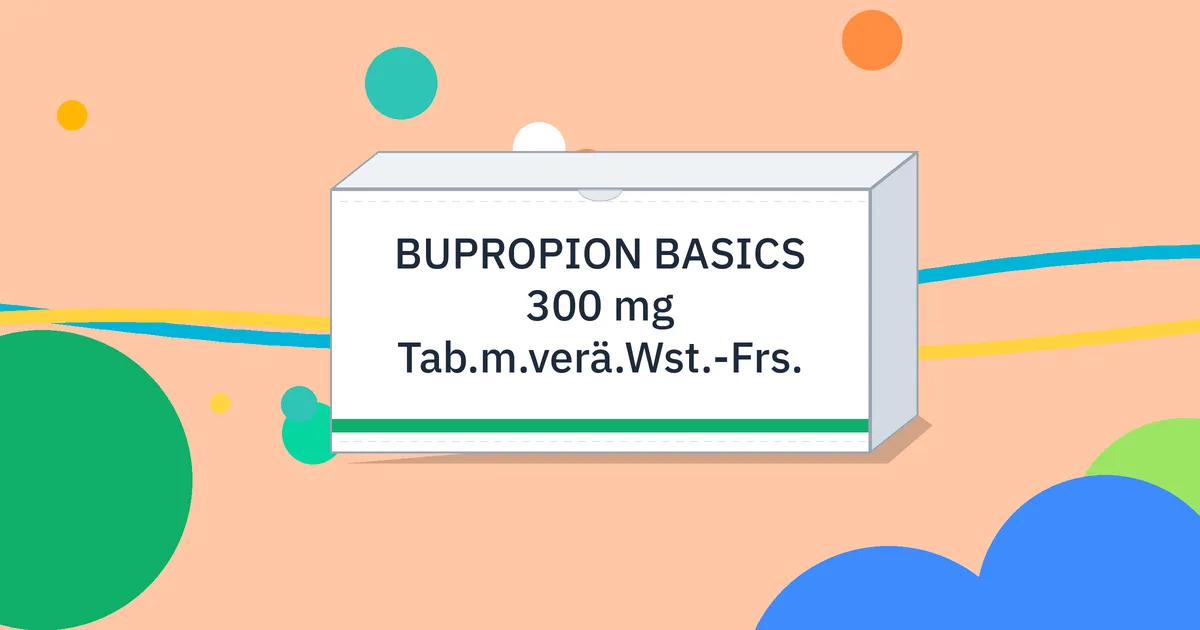 Symbolbild: Packung mit der Aufschrift BUPROPION BASICS 300 mg Tab.m.verä.Wst.-Frs. (PZN 19739819) – Verfügbarkeit und Bezug in Apotheken in Frankfurt am Main