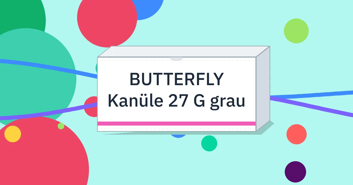 Symbolbild: Packung mit der Aufschrift BUTTERFLY Kanüle 27 G grau (PZN 06463379) – Verfügbarkeit und Bezug in Apotheken in Frankfurt am Main