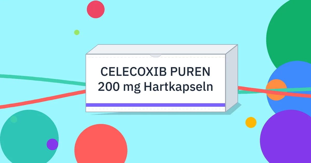 Symbolbild: Packung mit der Aufschrift CELECOXIB PUREN 200 mg Hartkapseln (PZN 13359323) – Verfügbarkeit und Bezug in Apotheken in Frankfurt am Main
