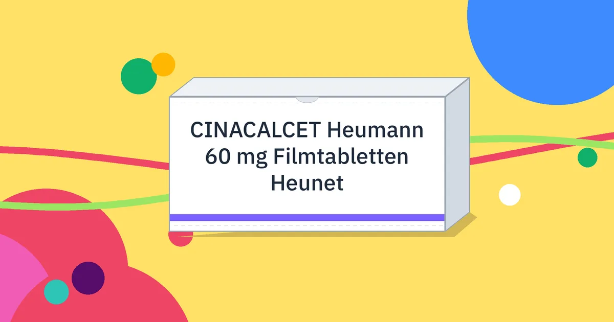 Symbolbild: Packung mit der Aufschrift CINACALCET Heumann 60 mg Filmtabletten Heunet (PZN 18265584) – Verfügbarkeit und Bezug in Apotheken in Frankfurt am Main