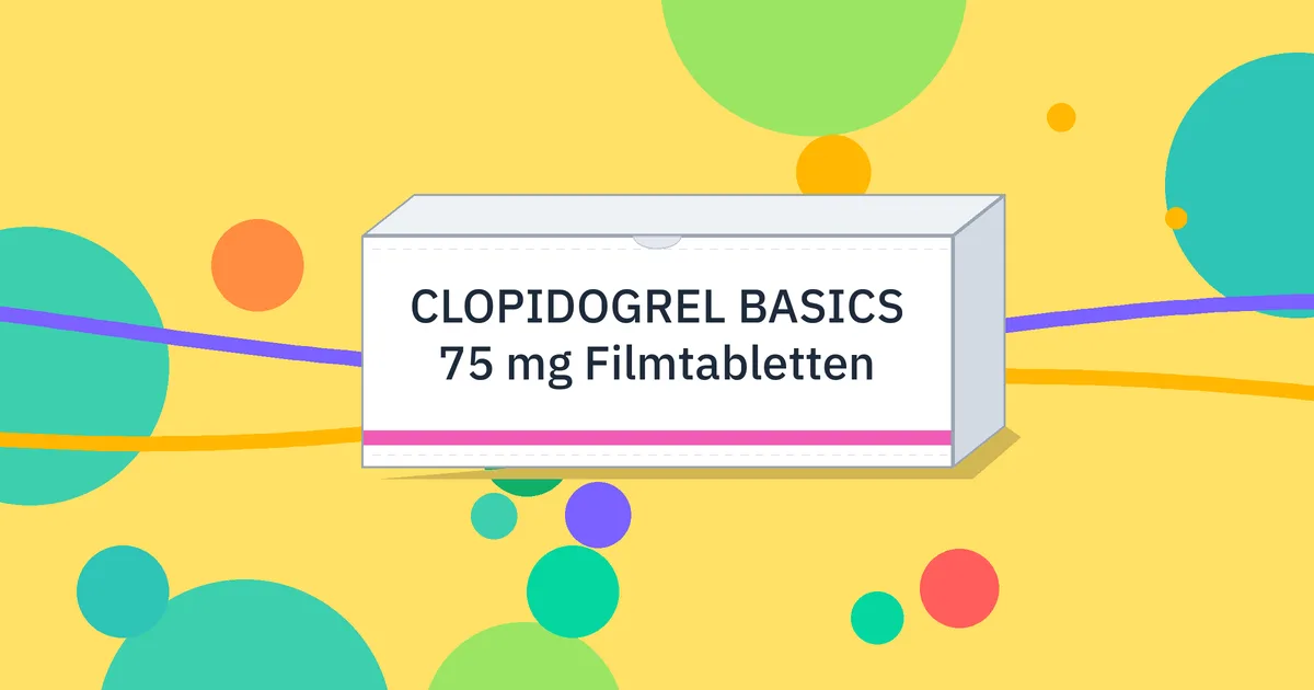 Symbolbild: Packung mit der Aufschrift CLOPIDOGREL BASICS 75 mg Filmtabletten (PZN 09942436) – Verfügbarkeit und Bezug in Apotheken in Frankfurt am Main