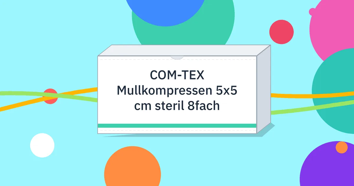 Symbolbild: Packung mit der Aufschrift COM-TEX Mullkompressen 5x5 cm steril 8fach (PZN 00024957) – Verfügbarkeit und Bezug in Apotheken in Frankfurt am Main