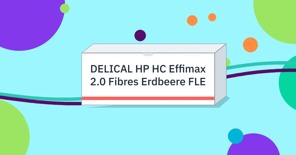 Symbolbild: Packung mit der Aufschrift DELICAL HP HC Effimax 2.0 Fibres Erdbeere FLE (PZN 15744798) – Verfügbarkeit und Bezug in Apotheken in Frankfurt am Main