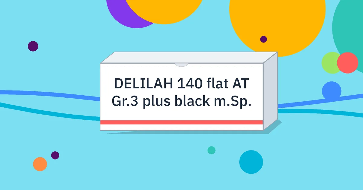 Symbolbild: Packung mit der Aufschrift DELILAH 140 flat AT Gr.3 plus black m.Sp. (PZN 14248057) – Verfügbarkeit und Bezug in Apotheken in Frankfurt am Main