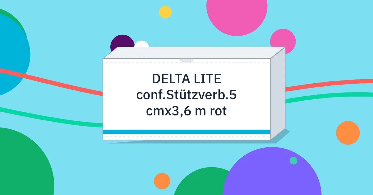 Symbolbild: Packung mit der Aufschrift DELTA LITE conf.Stützverb.5 cmx3,6 m rot (PZN 04252661) – Verfügbarkeit und Bezug in Apotheken in Frankfurt am Main