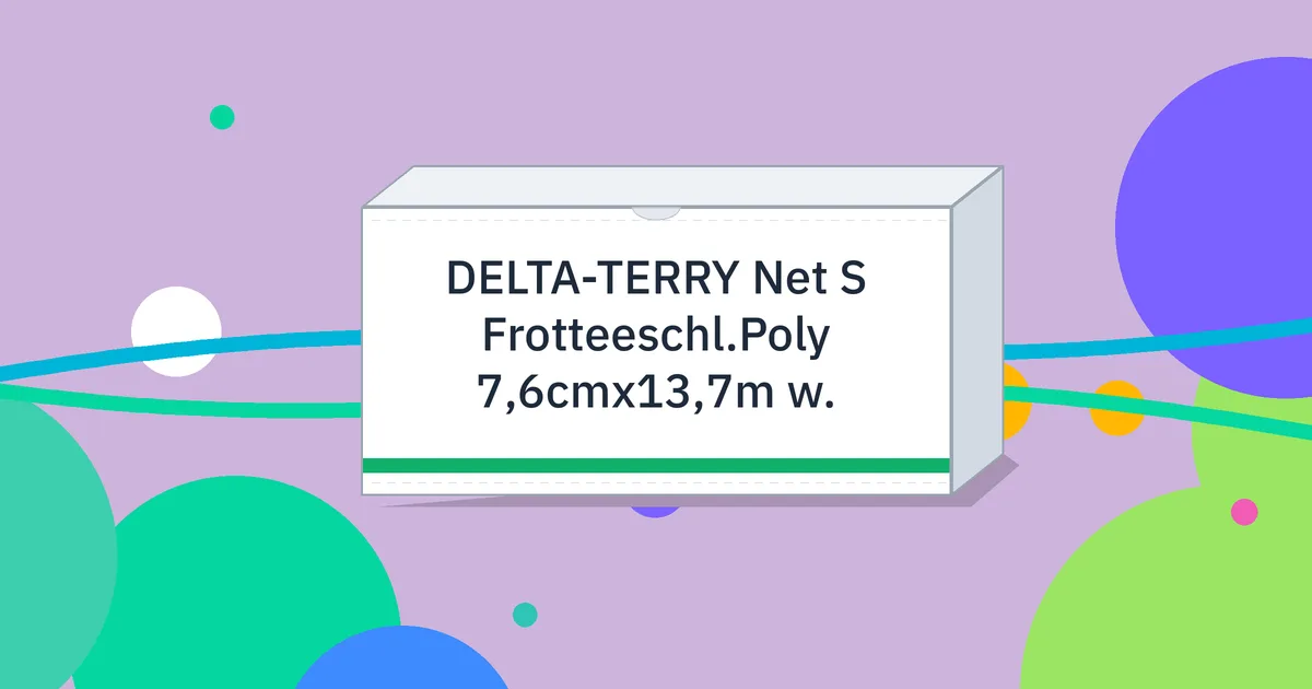 Symbolbild: Packung mit der Aufschrift DELTA-TERRY Net S Frotteeschl.Poly 7,6cmx13,7m w. (PZN 00855919) – Verfügbarkeit und Bezug in Apotheken in Frankfurt am Main