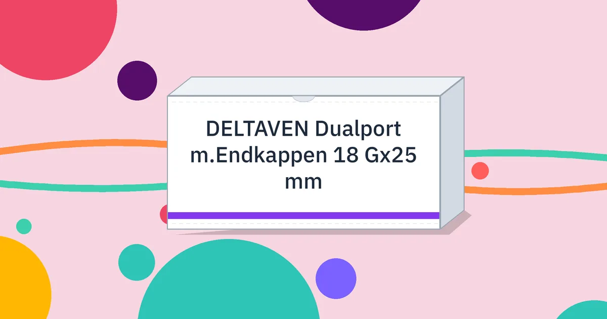 Symbolbild: Packung mit der Aufschrift DELTAVEN Dualport m.Endkappen 18 Gx25 mm (PZN 20365330) – Verfügbarkeit und Bezug in Apotheken in Frankfurt am Main