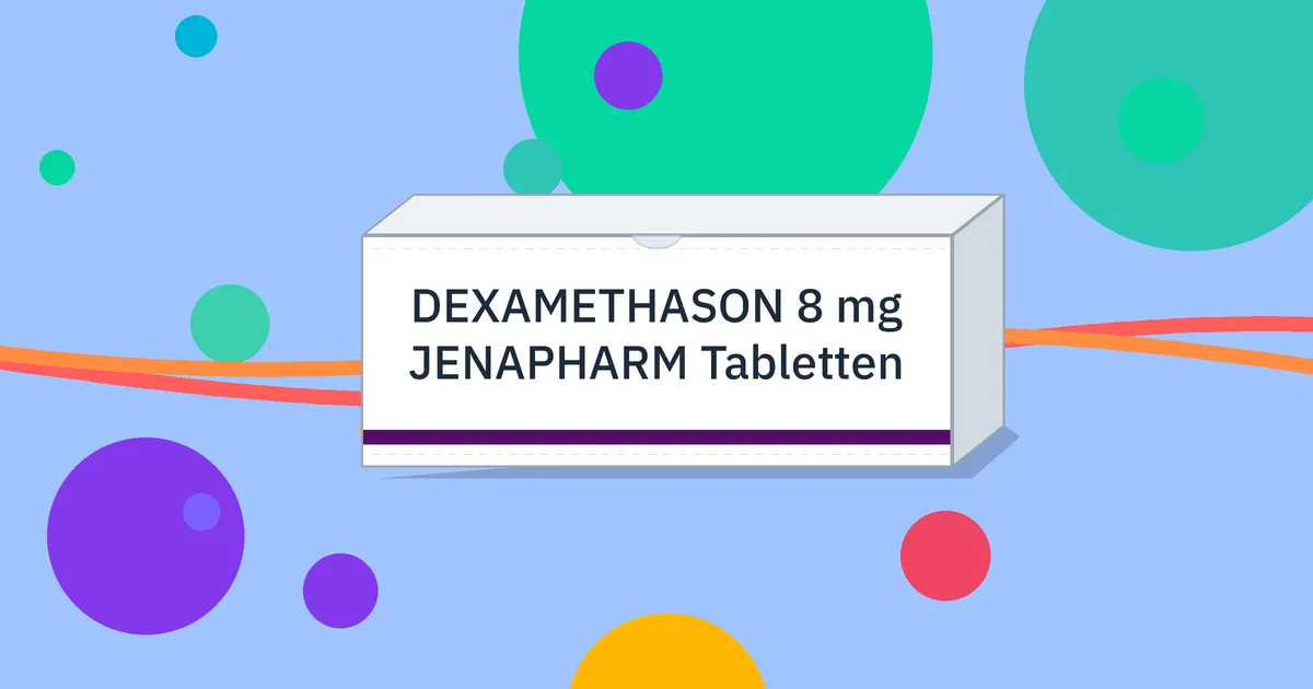 Symbolbild: Packung mit der Aufschrift DEXAMETHASON 8 mg JENAPHARM Tabletten (PZN 01436509) – Verfügbarkeit und Bezug in Apotheken in Frankfurt am Main
