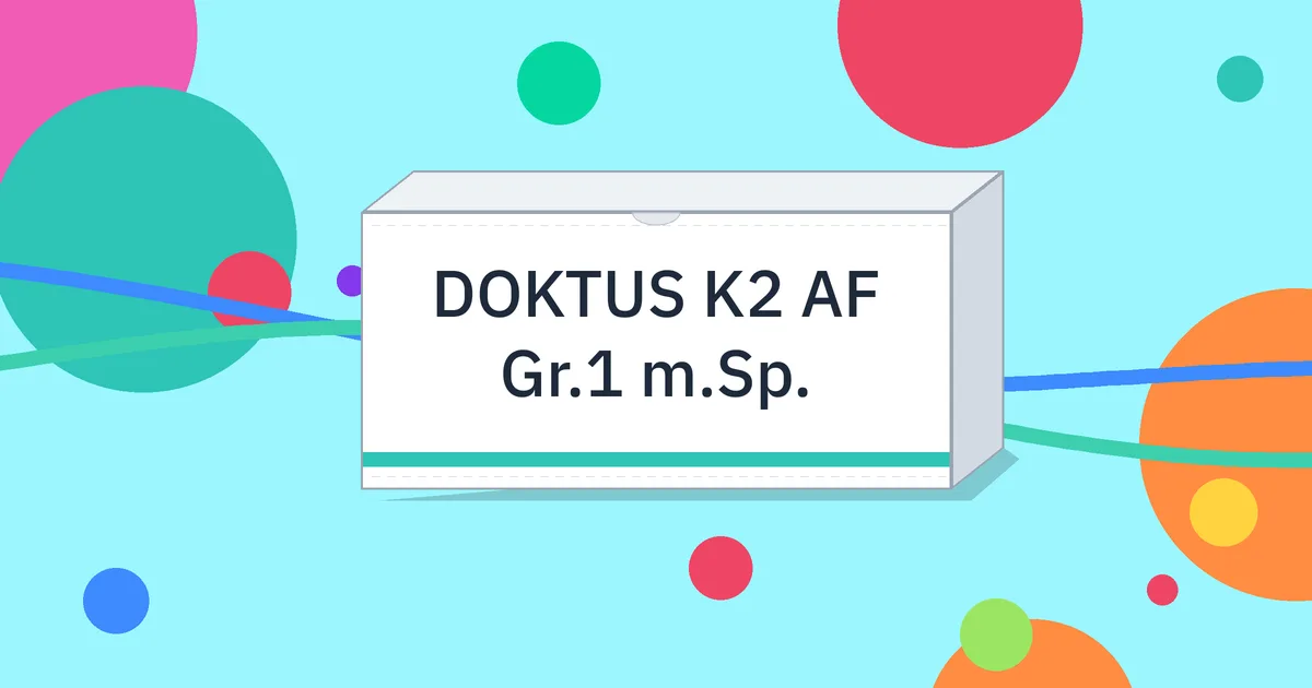 Symbolbild: Packung mit der Aufschrift DOKTUS K2 AF Gr.1 m.Sp. (PZN 03308945) – Verfügbarkeit und Bezug in Apotheken in Frankfurt am Main