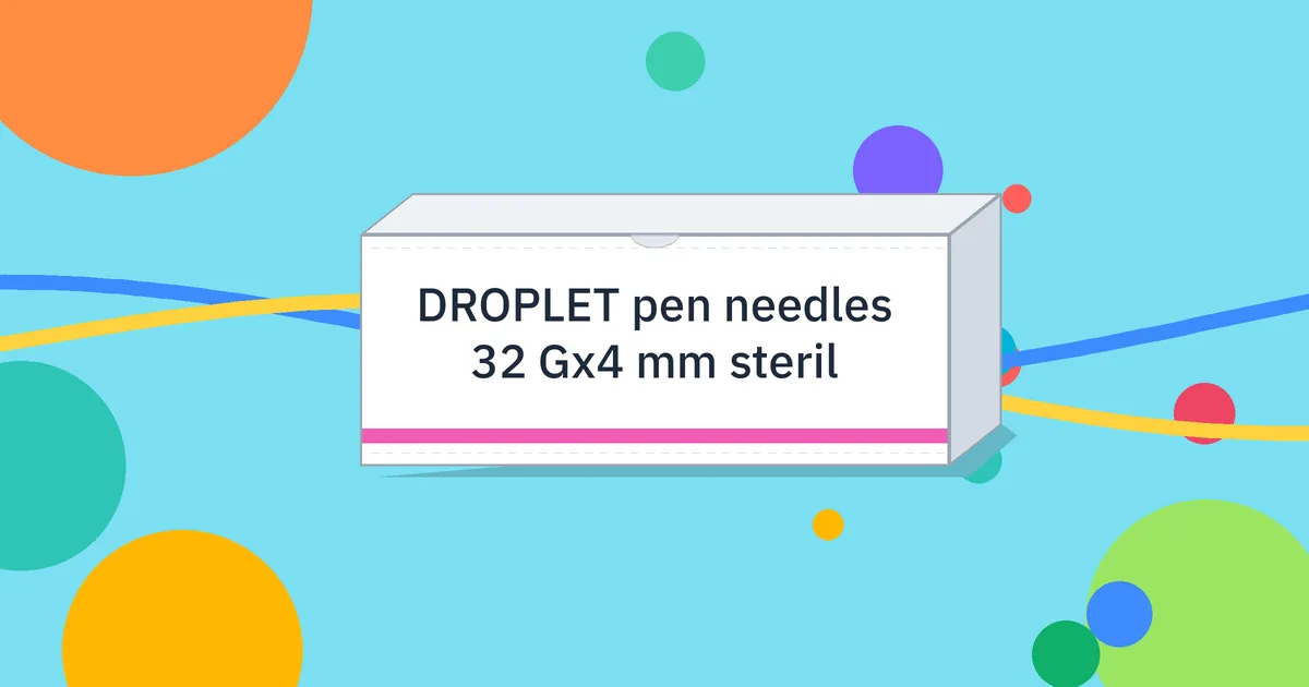 Symbolbild: Packung mit der Aufschrift DROPLET pen needles 32 Gx4 mm steril (PZN 19847437) – Verfügbarkeit und Bezug in Apotheken in Frankfurt am Main