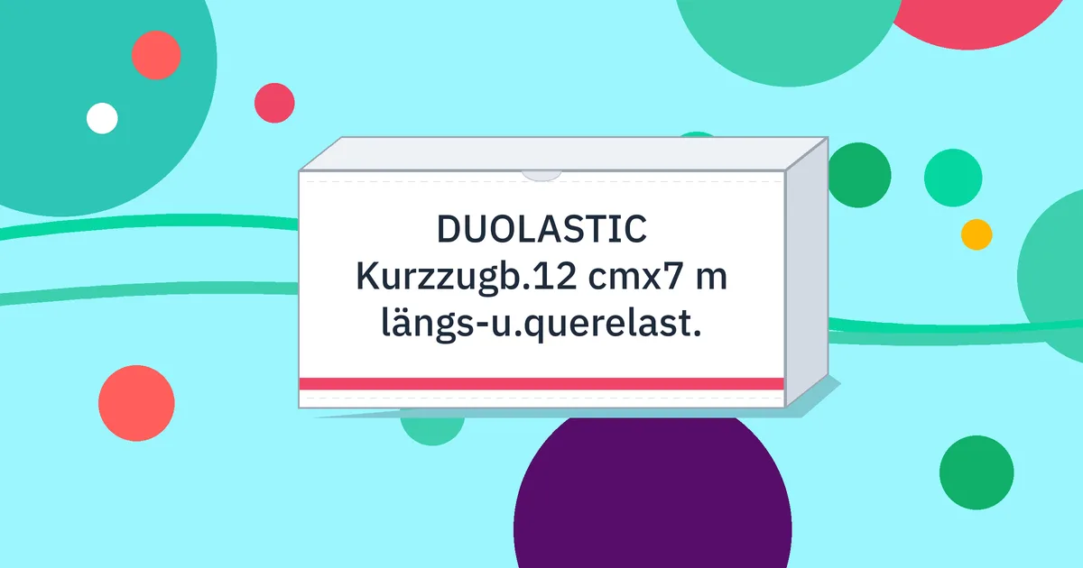 Symbolbild: Packung mit der Aufschrift DUOLASTIC Kurzzugb.12 cmx7 m längs-u.querelast. (PZN 20128251) – Verfügbarkeit und Bezug in Apotheken in Frankfurt am Main