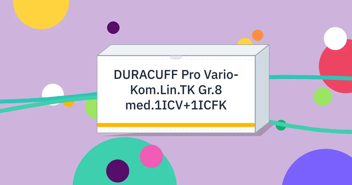 Symbolbild: Packung mit der Aufschrift DURACUFF Pro Vario-Kom.Lin.TK Gr.8 med.1ICV+1ICFK (PZN 19245448) – Verfügbarkeit und Bezug in Apotheken in Frankfurt am Main