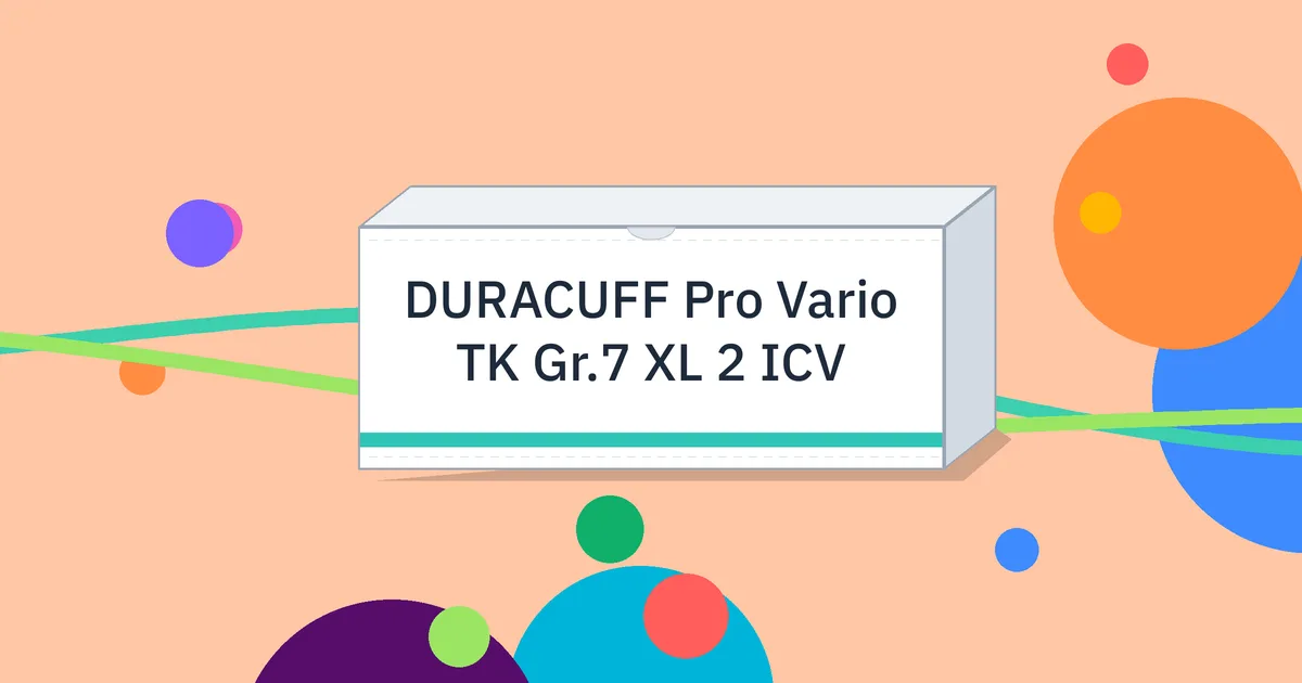 Symbolbild: Packung mit der Aufschrift DURACUFF Pro Vario TK Gr.7 XL 2 ICV (PZN 19245661) – Verfügbarkeit und Bezug in Apotheken in Frankfurt am Main