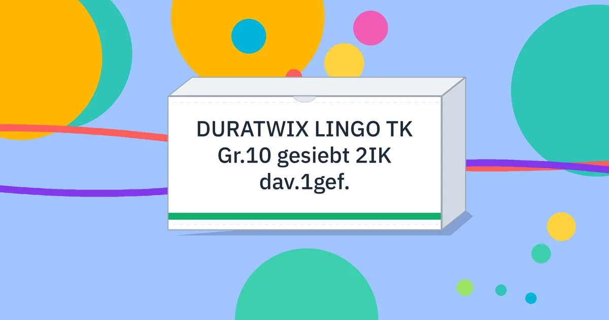 Symbolbild: Packung mit der Aufschrift DURATWIX LINGO TK Gr.10 gesiebt 2IK dav.1gef. (PZN 06969908) – Verfügbarkeit und Bezug in Apotheken in Frankfurt am Main
