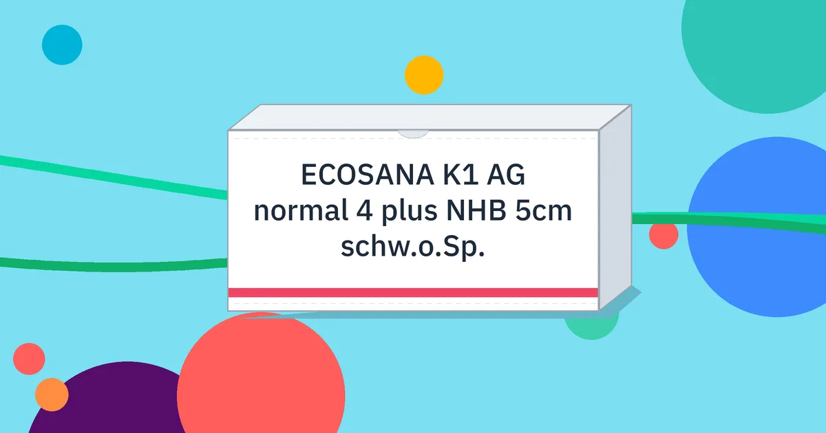 Symbolbild: Packung mit der Aufschrift ECOSANA K1 AG normal 4 plus NHB 5cm schw.o.Sp. (PZN 04728081) – Verfügbarkeit und Bezug in Apotheken in Frankfurt am Main