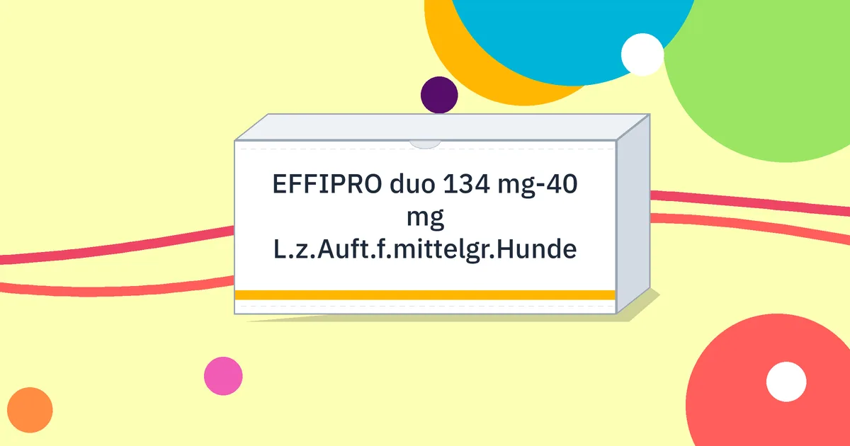 Symbolbild: Packung mit der Aufschrift EFFIPRO duo 134 mg-40 mg L.z.Auft.f.mittelgr.Hunde (PZN 13425557) – Verfügbarkeit und Bezug in Apotheken in Frankfurt am Main