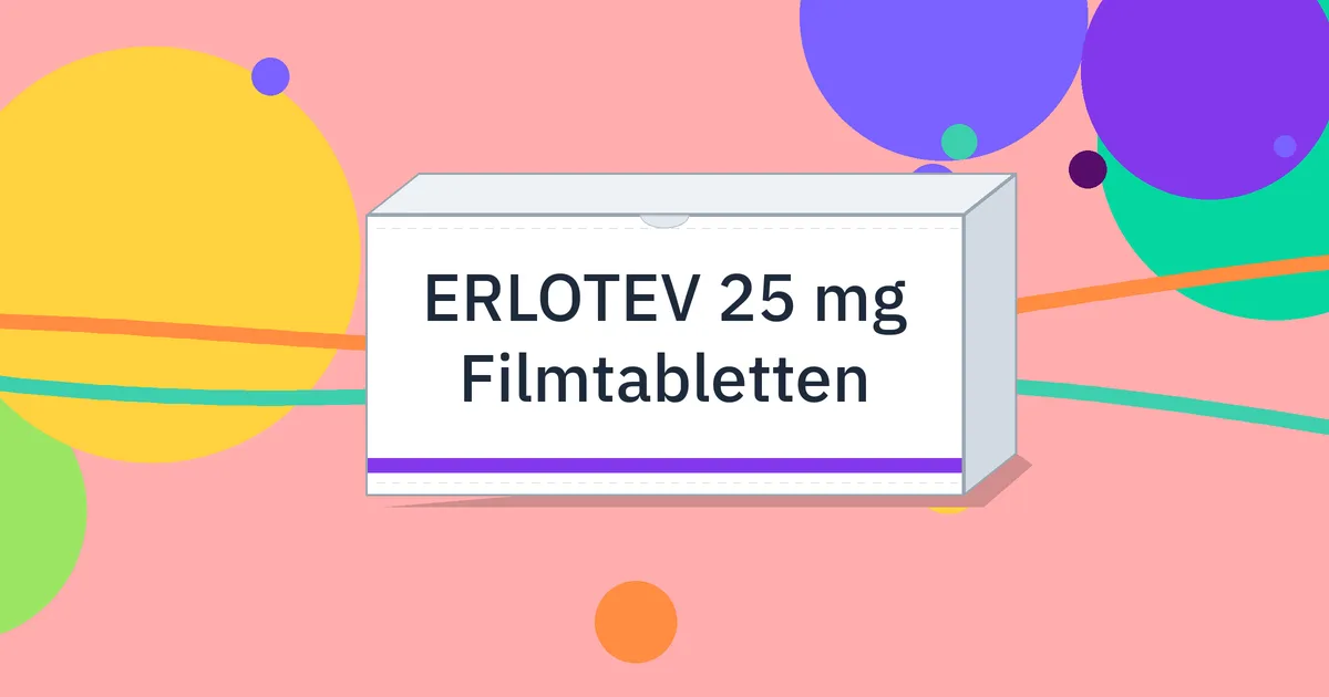 Symbolbild: Packung mit der Aufschrift ERLOTEV 25 mg Filmtabletten (PZN 16205916) – Verfügbarkeit und Bezug in Apotheken in Frankfurt am Main