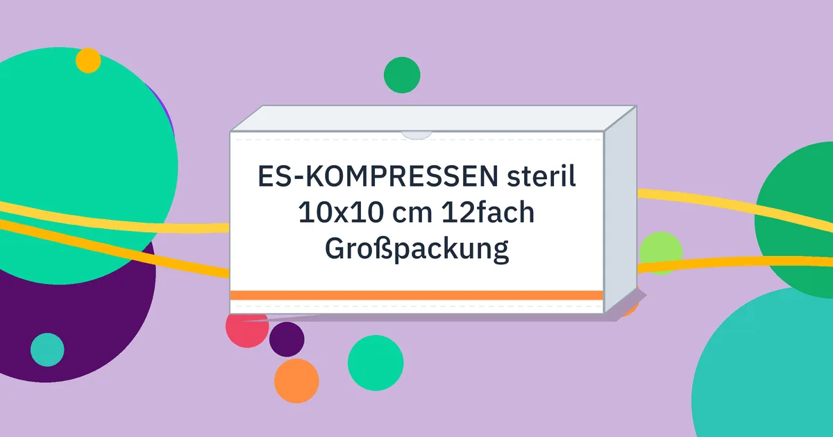 Symbolbild: Packung mit der Aufschrift ES-KOMPRESSEN steril 10x10 cm 12fach Großpackung (PZN 17839534) – Verfügbarkeit und Bezug in Apotheken in Frankfurt am Main