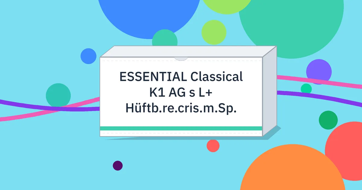 Symbolbild: Packung mit der Aufschrift ESSENTIAL Classical K1 AG s L+ Hüftb.re.cris.m.Sp. (PZN 17012504) – Verfügbarkeit und Bezug in Apotheken in Frankfurt am Main