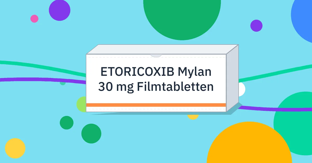 Symbolbild: Packung mit der Aufschrift ETORICOXIB Mylan 30 mg Filmtabletten (PZN 12726860) – Verfügbarkeit und Bezug in Apotheken in Frankfurt am Main