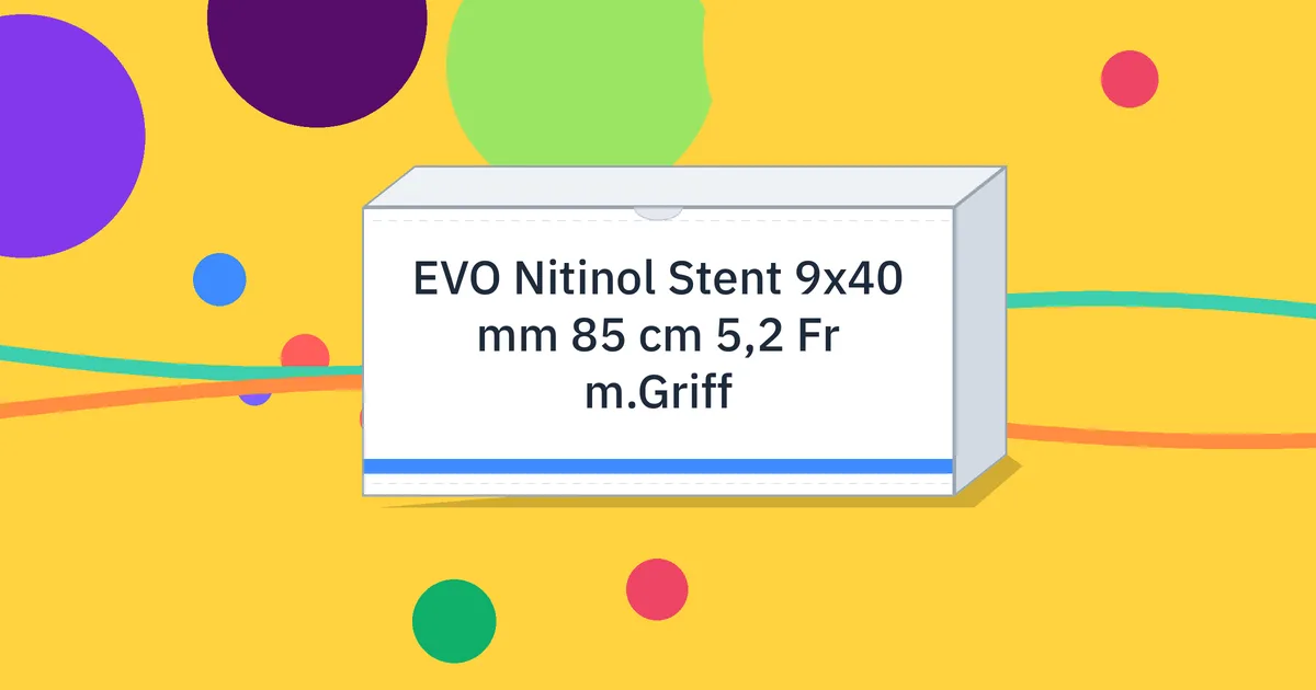 Symbolbild: Packung mit der Aufschrift EVO Nitinol Stent 9x40 mm 85 cm 5,2 Fr m.Griff (PZN 00223438) – Verfügbarkeit und Bezug in Apotheken in Frankfurt am Main
