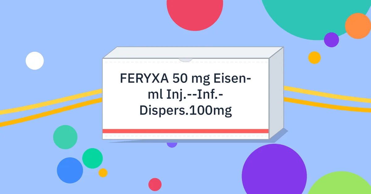 Symbolbild: Packung mit der Aufschrift FERYXA 50 mg Eisen-ml Inj.--Inf.-Dispers.100mg (PZN 18909188) – Verfügbarkeit und Bezug in Apotheken in Frankfurt am Main