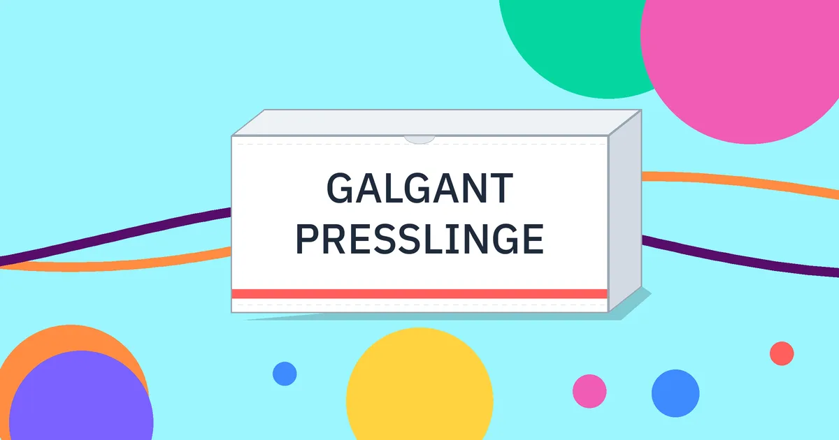 Symbolbild: Packung mit der Aufschrift GALGANT PRESSLINGE (PZN 06879039) – Verfügbarkeit und Bezug in Apotheken in Frankfurt am Main