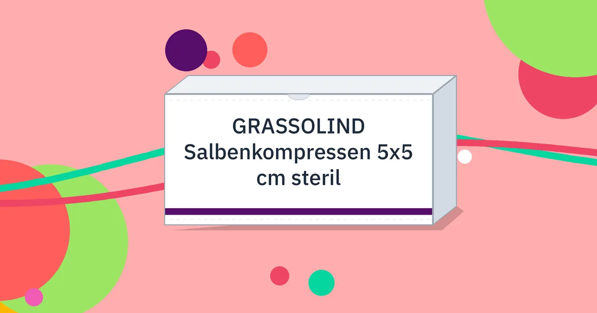 Symbolbild: Packung mit der Aufschrift GRASSOLIND Salbenkompressen 5x5 cm steril (PZN 17827956) – Verfügbarkeit und Bezug in Apotheken in Frankfurt am Main