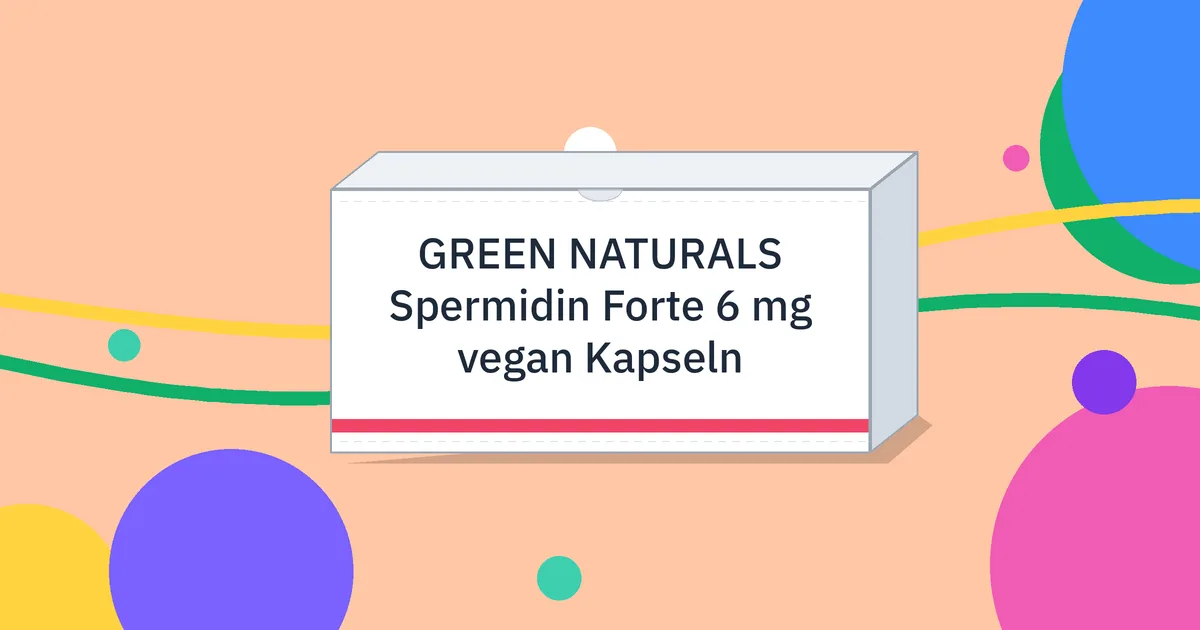 Symbolbild: Packung mit der Aufschrift GREEN NATURALS Spermidin Forte 6 mg vegan Kapseln (PZN 20333838) – Verfügbarkeit und Bezug in Apotheken in Frankfurt am Main