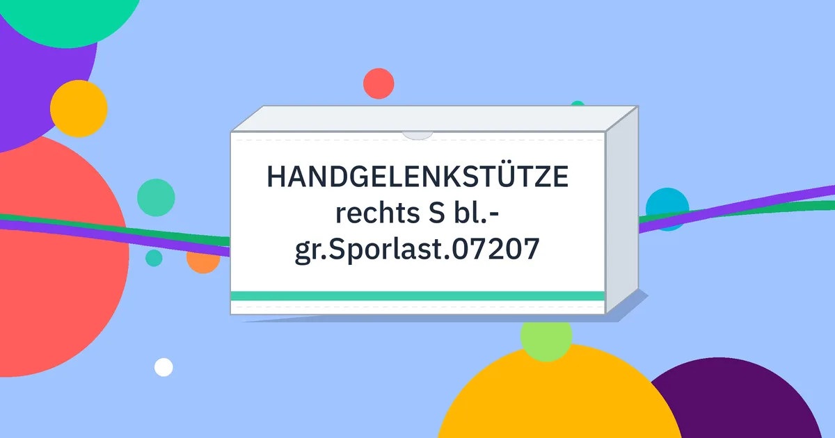 Symbolbild: Packung mit der Aufschrift HANDGELENKSTÜTZE rechts S bl.-gr.Sporlast.07207 (PZN 09431150) – Verfügbarkeit und Bezug in Apotheken in Frankfurt am Main