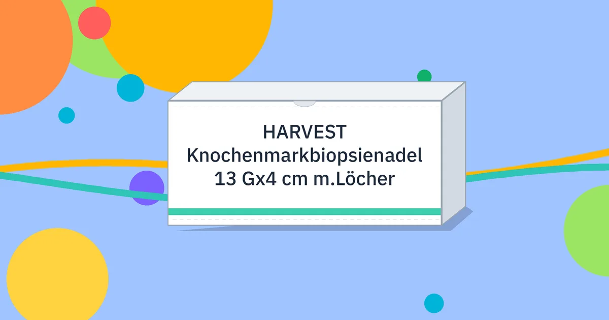Symbolbild: Packung mit der Aufschrift HARVEST Knochenmarkbiopsienadel 13 Gx4 cm m.Löcher (PZN 00919855) – Verfügbarkeit und Bezug in Apotheken in Frankfurt am Main