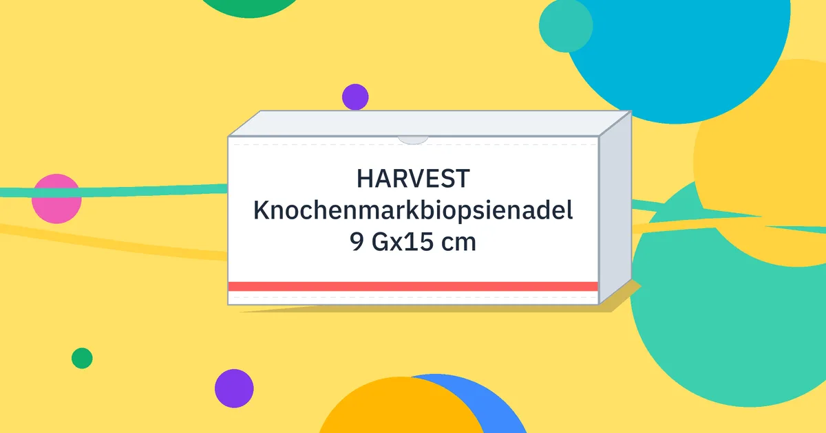 Symbolbild: Packung mit der Aufschrift HARVEST Knochenmarkbiopsienadel 9 Gx15 cm (PZN 16921759) – Verfügbarkeit und Bezug in Apotheken in Frankfurt am Main