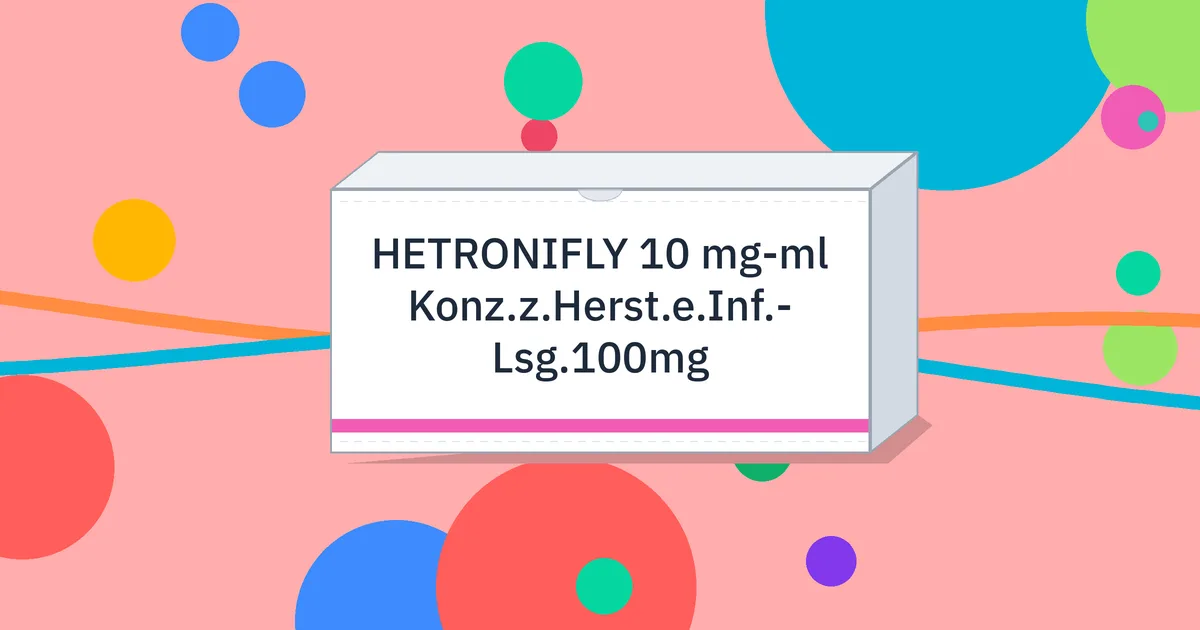 Symbolbild: Packung mit der Aufschrift HETRONIFLY 10 mg-ml Konz.z.Herst.e.Inf.-Lsg.100mg (PZN 19513073) – Verfügbarkeit und Bezug in Apotheken in Frankfurt am Main