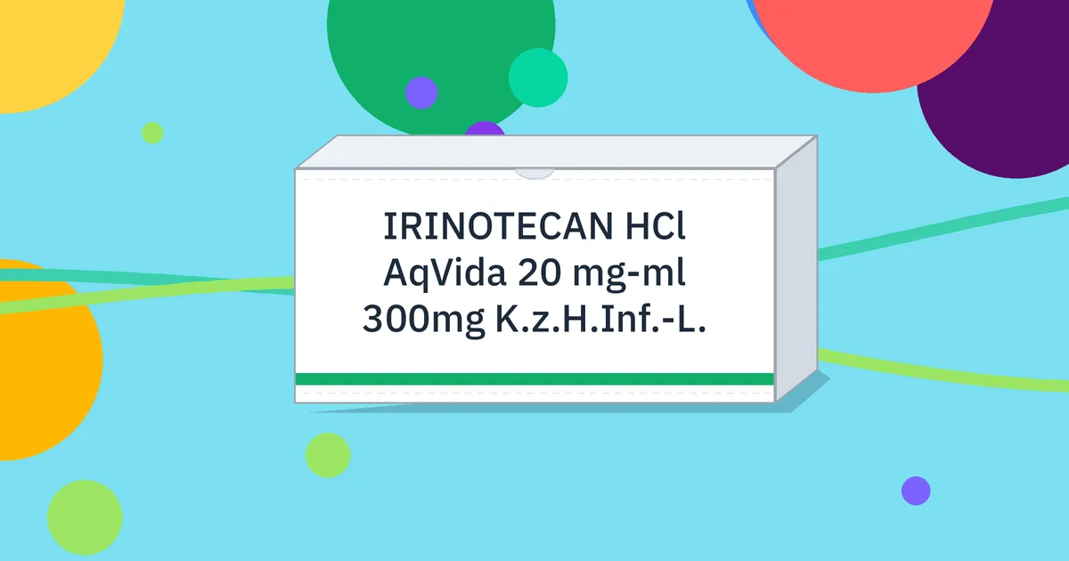 Symbolbild: Packung mit der Aufschrift IRINOTECAN HCl AqVida 20 mg-ml 300mg K.z.H.Inf.-L. (PZN 14279709) – Verfügbarkeit und Bezug in Apotheken in Frankfurt am Main