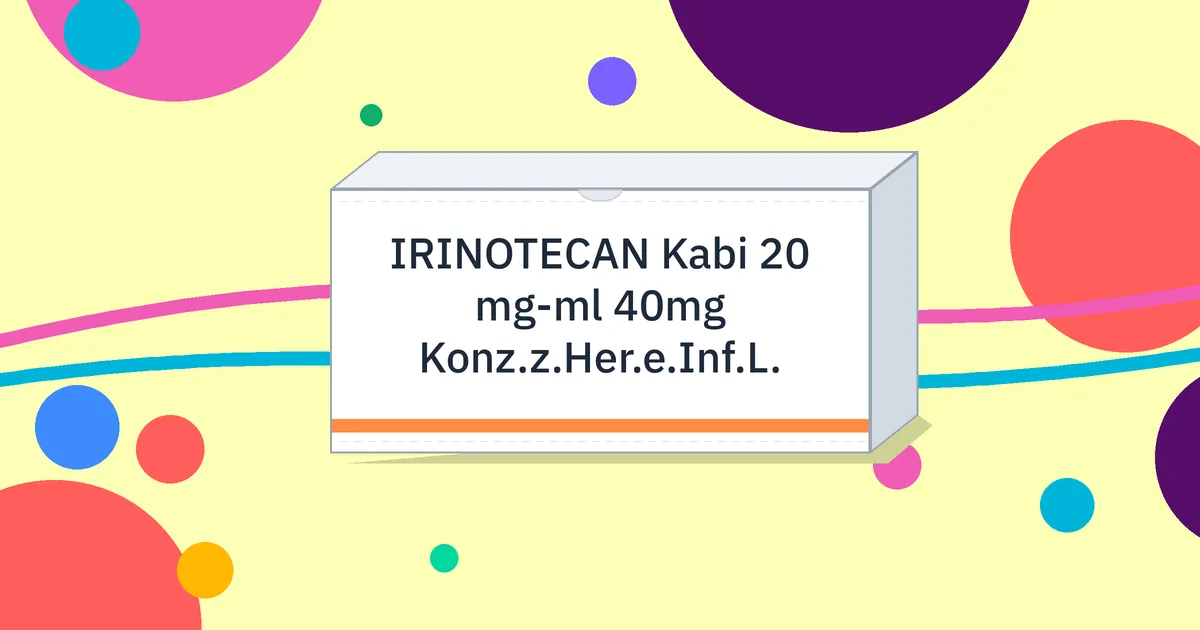Symbolbild: Packung mit der Aufschrift IRINOTECAN Kabi 20 mg-ml 40mg Konz.z.Her.e.Inf.L. (PZN 14036970) – Verfügbarkeit und Bezug in Apotheken in Frankfurt am Main