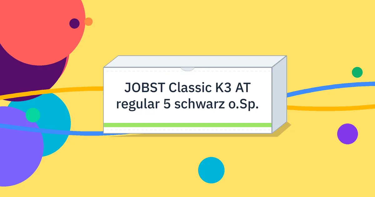 Symbolbild: Packung mit der Aufschrift JOBST Classic K3 AT regular 5 schwarz o.Sp. (PZN 13078357) – Verfügbarkeit und Bezug in Apotheken in Frankfurt am Main