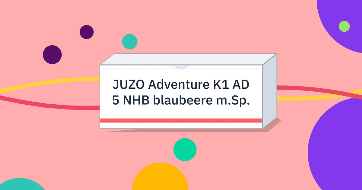Symbolbild: Packung mit der Aufschrift JUZO Adventure K1 AD 5 NHB blaubeere m.Sp. (PZN 16346522) – Verfügbarkeit und Bezug in Apotheken in Frankfurt am Main
