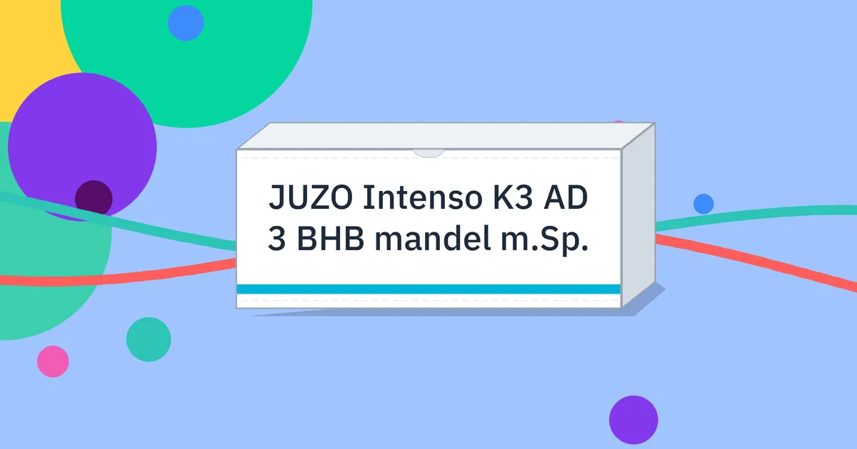 Symbolbild: Packung mit der Aufschrift JUZO Intenso K3 AD 3 BHB mandel m.Sp. (PZN 18634544) – Verfügbarkeit und Bezug in Apotheken in Frankfurt am Main