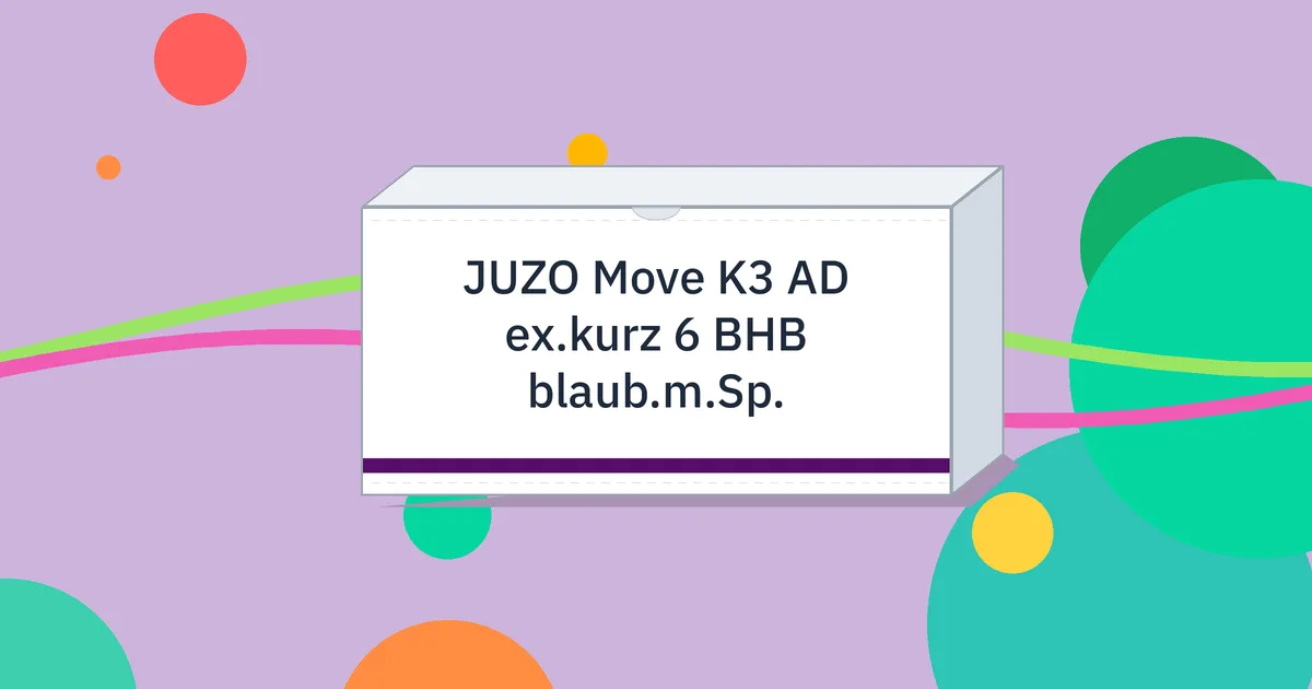 Symbolbild: Packung mit der Aufschrift JUZO Move K3 AD ex.kurz 6 BHB blaub.m.Sp. (PZN 18573618) – Verfügbarkeit und Bezug in Apotheken in Frankfurt am Main