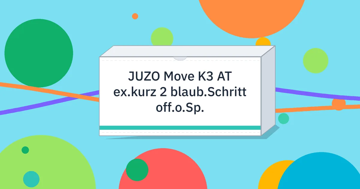 Symbolbild: Packung mit der Aufschrift JUZO Move K3 AT ex.kurz 2 blaub.Schritt off.o.Sp. (PZN 20682131) – Verfügbarkeit und Bezug in Apotheken in Frankfurt am Main