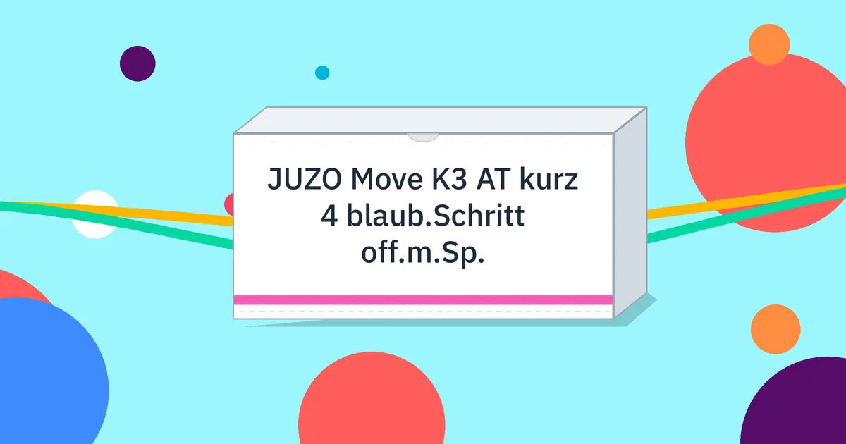 Symbolbild: Packung mit der Aufschrift JUZO Move K3 AT kurz 4 blaub.Schritt off.m.Sp. (PZN 20683739) – Verfügbarkeit und Bezug in Apotheken in Frankfurt am Main