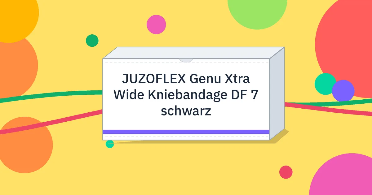 Symbolbild: Packung mit der Aufschrift JUZOFLEX Genu Xtra Wide Kniebandage DF 7 schwarz (PZN 16497741) – Verfügbarkeit und Bezug in Apotheken in Frankfurt am Main