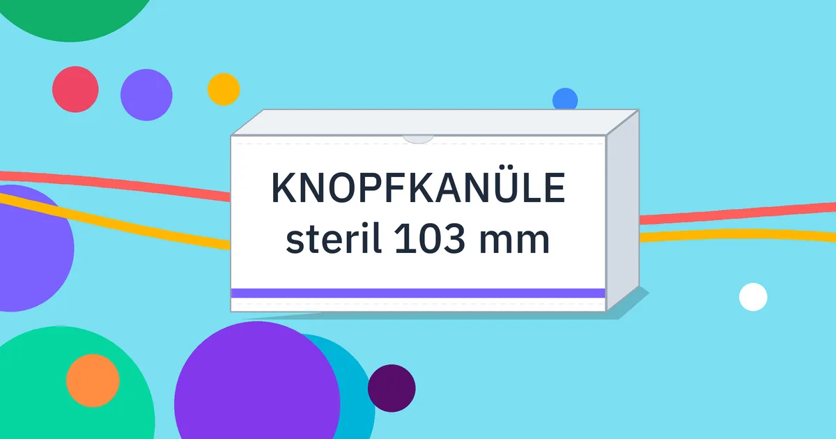Symbolbild: Packung mit der Aufschrift KNOPFKANÜLE steril 103 mm (PZN 16778782) – Verfügbarkeit und Bezug in Apotheken in Frankfurt am Main