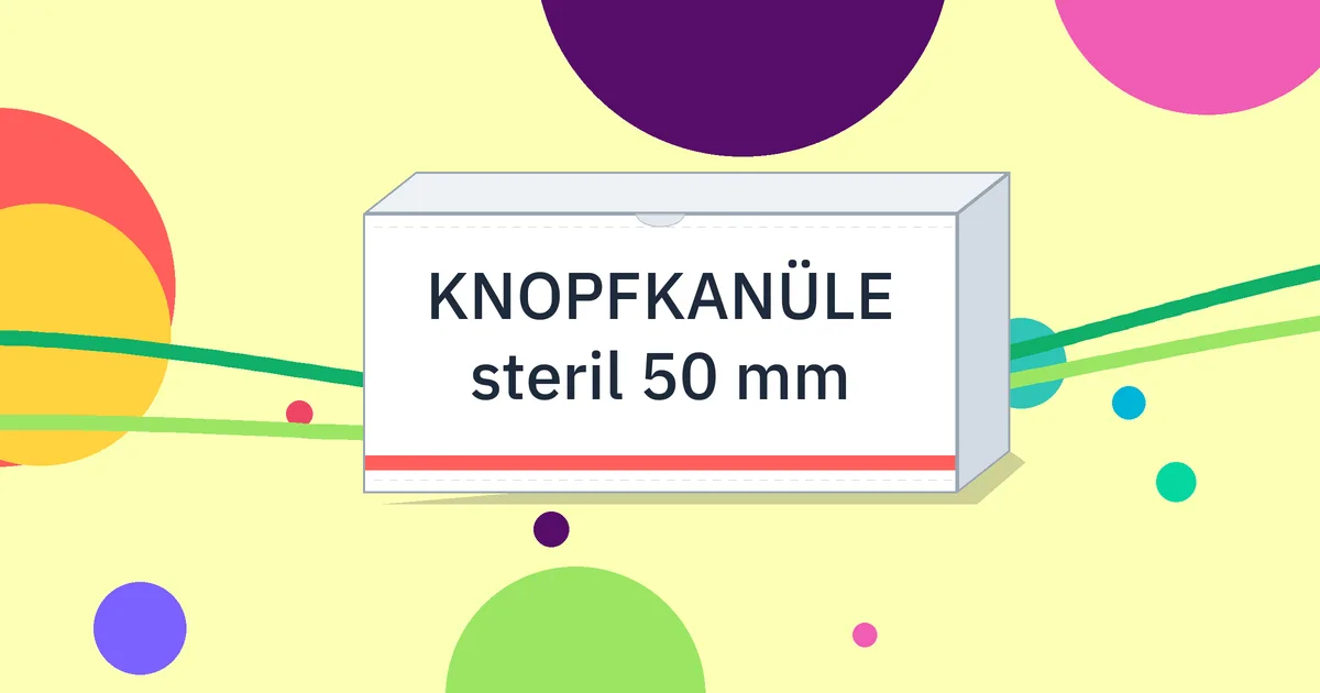 Symbolbild: Packung mit der Aufschrift KNOPFKANÜLE steril 50 mm (PZN 16778693) – Verfügbarkeit und Bezug in Apotheken in Frankfurt am Main