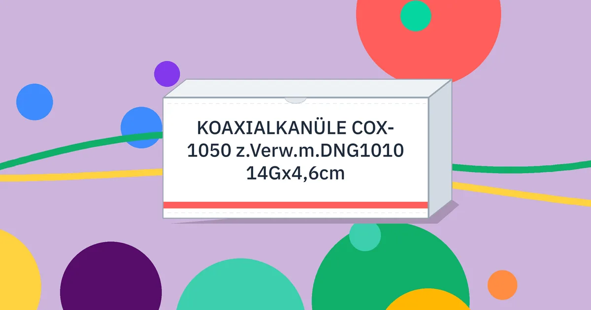 Symbolbild: Packung mit der Aufschrift KOAXIALKANÜLE COX-1050 z.Verw.m.DNG1010 14Gx4,6cm (PZN 00283972) – Verfügbarkeit und Bezug in Apotheken in Frankfurt am Main