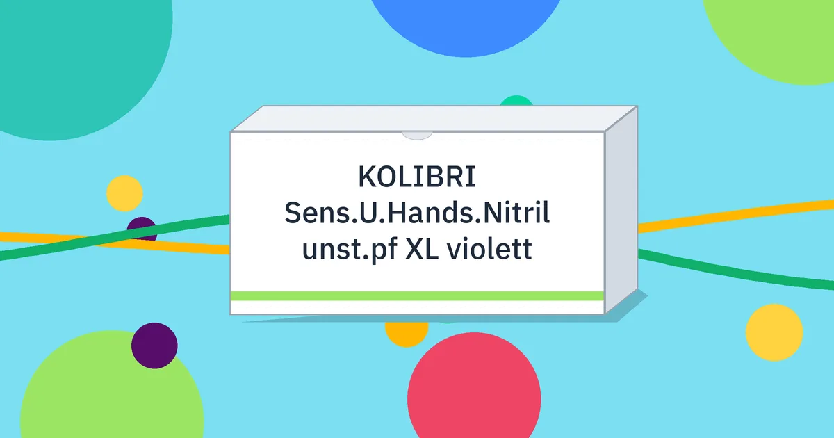 Symbolbild: Packung mit der Aufschrift KOLIBRI Sens.U.Hands.Nitril unst.pf XL violett (PZN 18891519) – Verfügbarkeit und Bezug in Apotheken in Frankfurt am Main