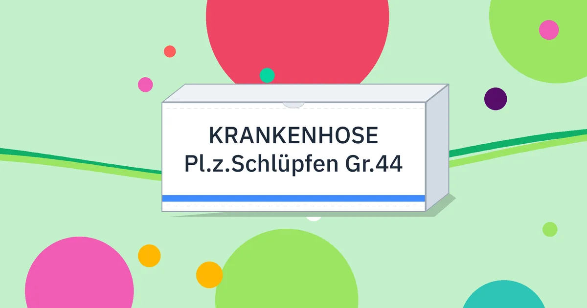 Symbolbild: Packung mit der Aufschrift KRANKENHOSE Pl.z.Schlüpfen Gr.44 (PZN 01740710) – Verfügbarkeit und Bezug in Apotheken in Frankfurt am Main