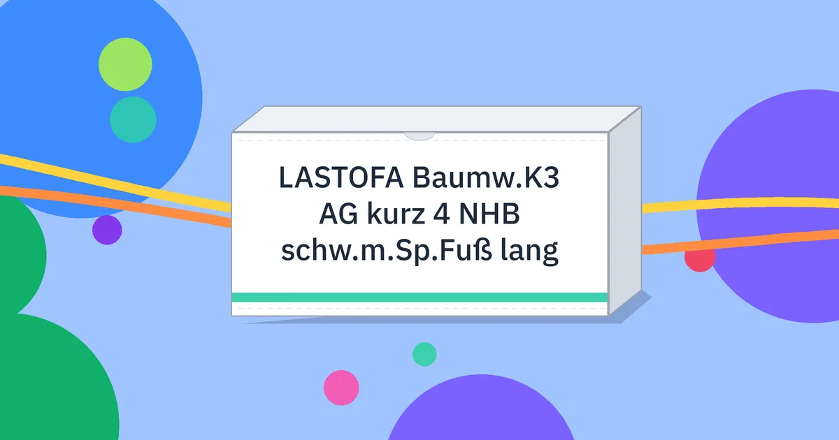 Symbolbild: Packung mit der Aufschrift LASTOFA Baumw.K3 AG kurz 4 NHB schw.m.Sp.Fuß lang (PZN 01955416) – Verfügbarkeit und Bezug in Apotheken in Frankfurt am Main
