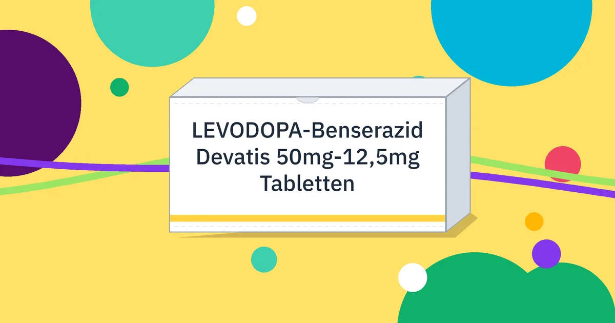 Symbolbild: Packung mit der Aufschrift LEVODOPA-Benserazid Devatis 50mg-12,5mg Tabletten (PZN 16856803) – Verfügbarkeit und Bezug in Apotheken in Frankfurt am Main