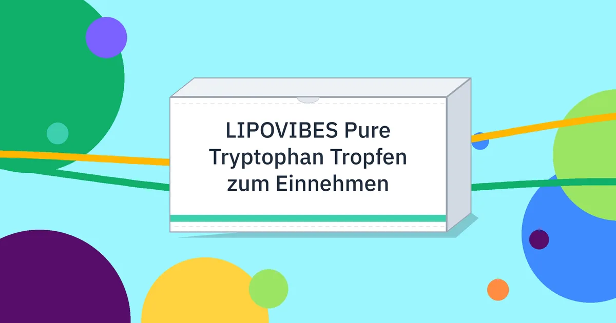 Symbolbild: Packung mit der Aufschrift LIPOVIBES Pure Tryptophan Tropfen zum Einnehmen (PZN 18314207) – Verfügbarkeit und Bezug in Apotheken in Frankfurt am Main